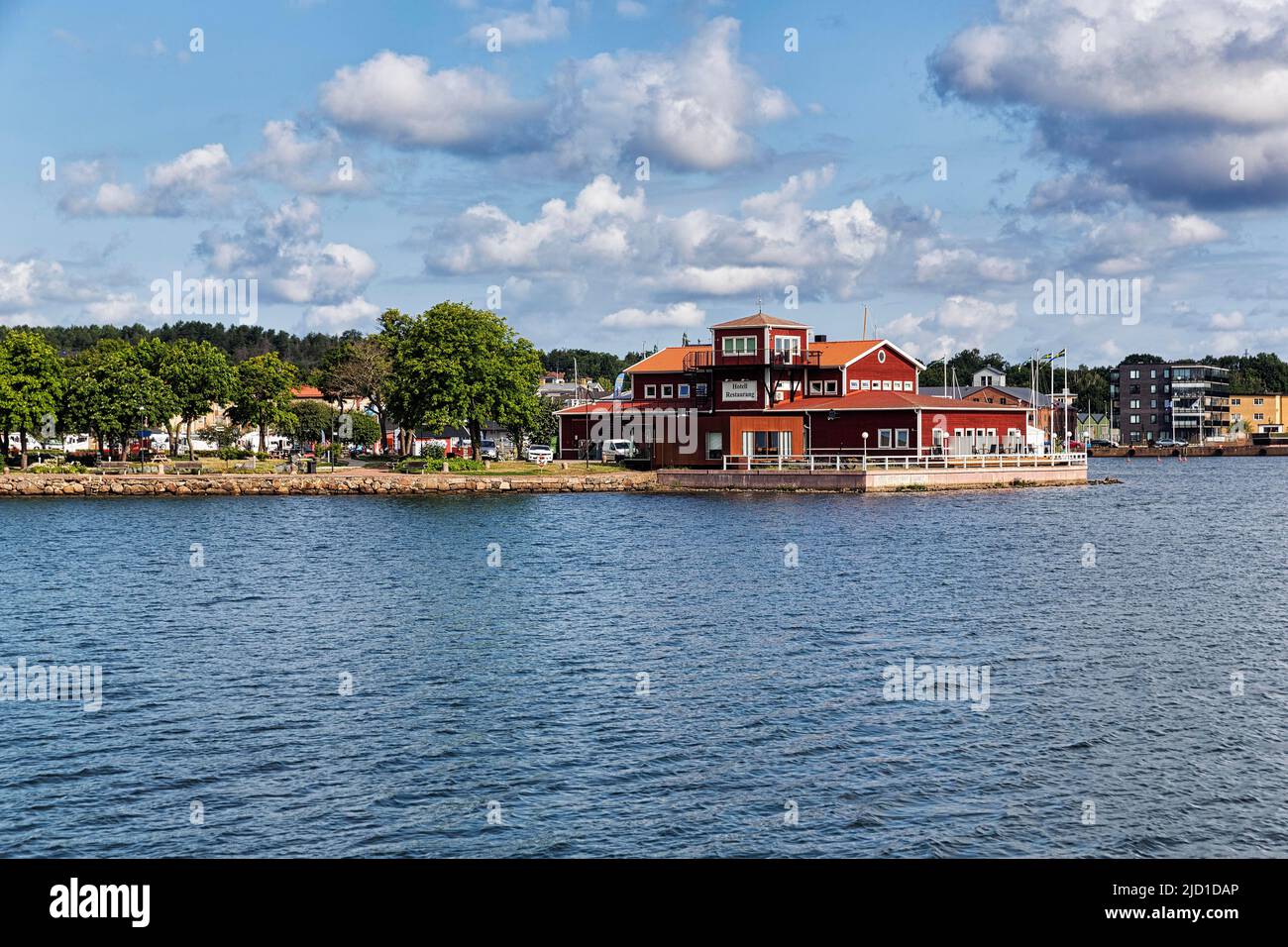 View of the hotel, restaurant and town from the ferry harbour ...