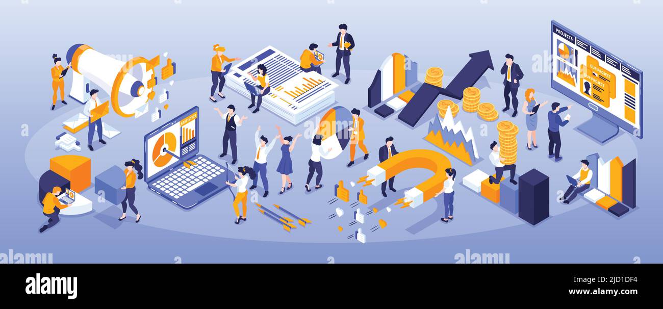 Isometric marketing strategy narrow composition with human characters ...