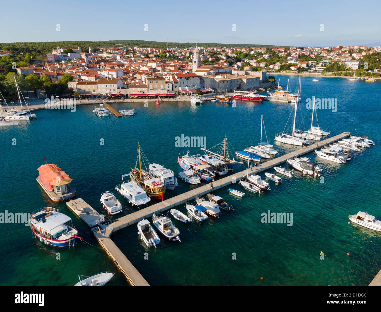 Drone shot, harbour, old town, Krk town with St. Mary's Basilica, Krk ...