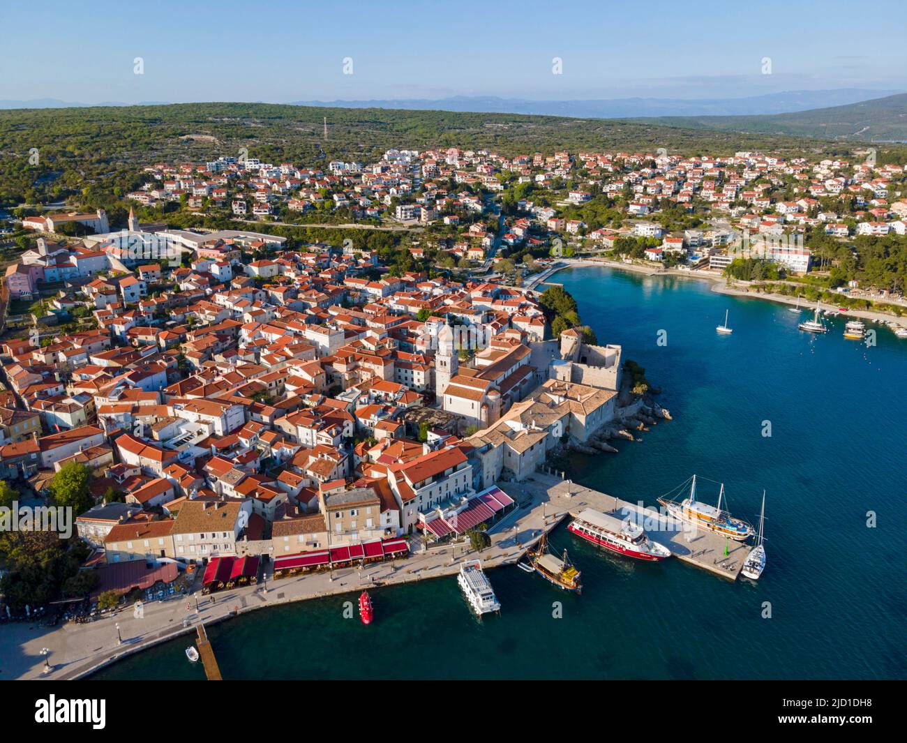 Drone shot, Old Town, Krk Town with St. Mary's Basilica, Krk Island ...