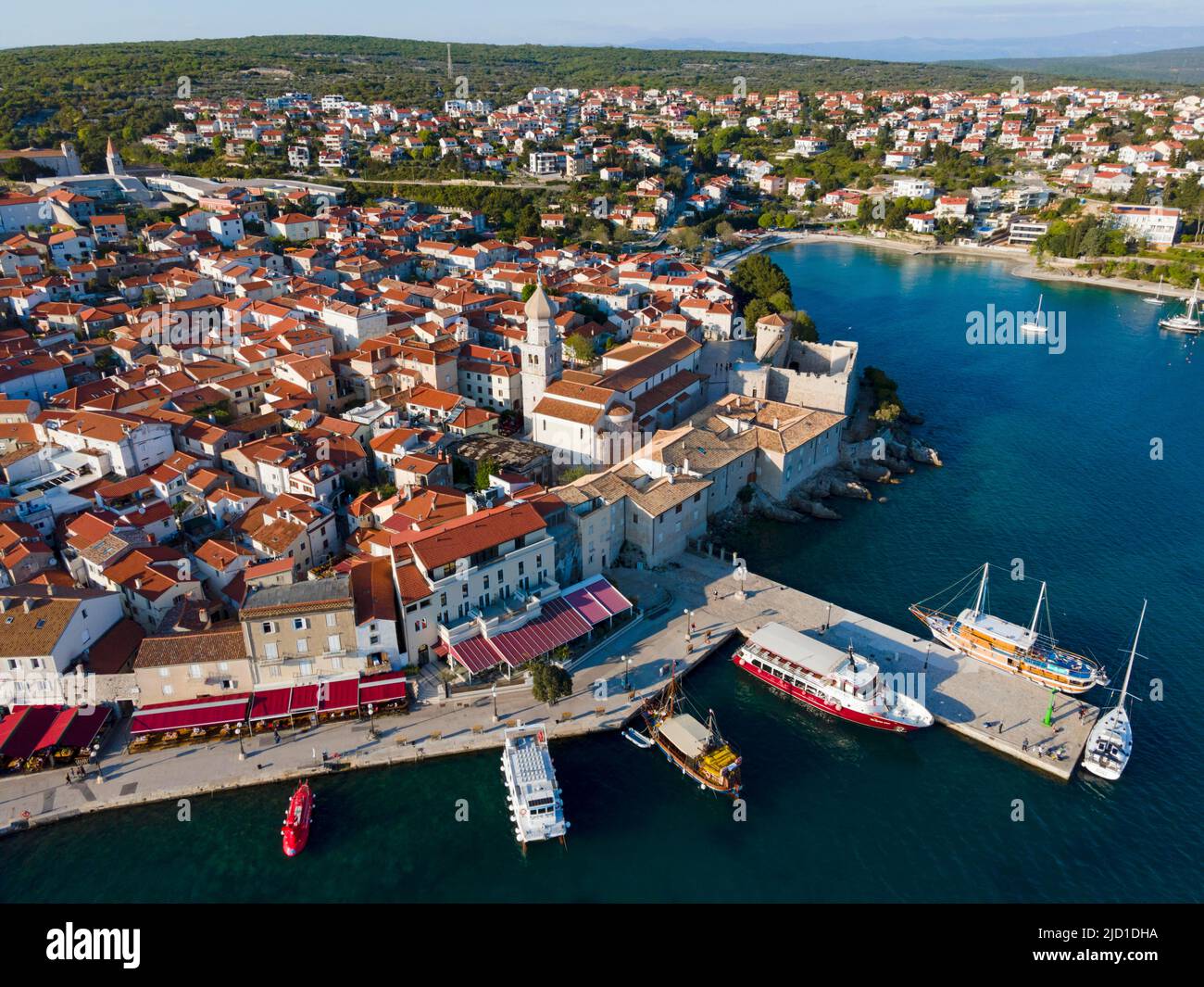 Drone shot, Old Town, Krk Town with St. Mary's Basilica, Krk Island ...