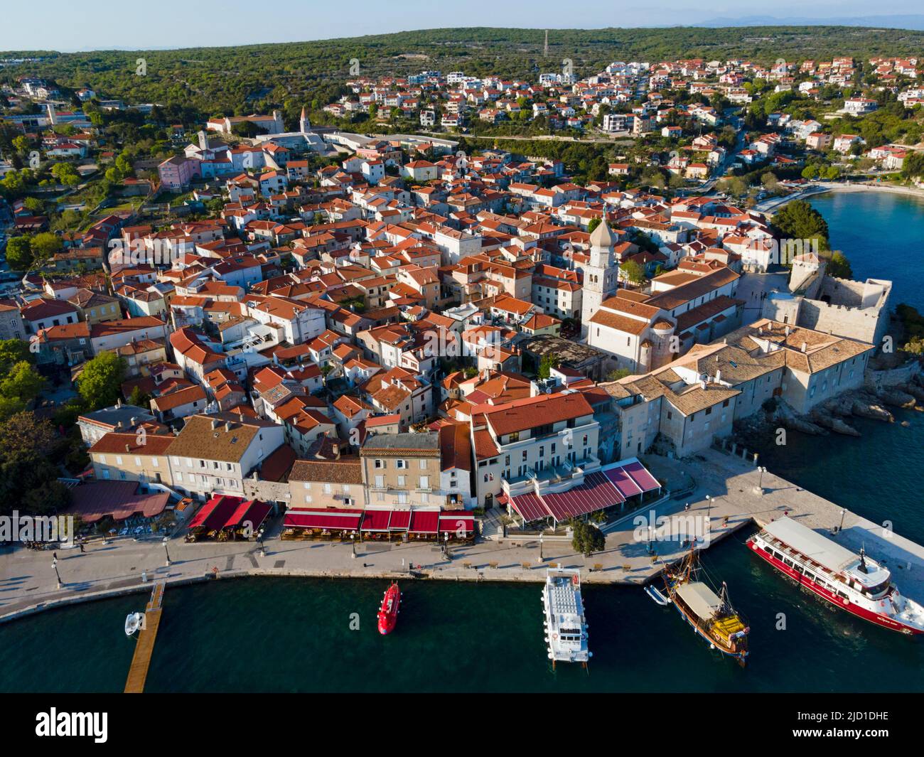 Drone shot, Old Town, Krk Town with St. Mary's Basilica, Krk Island ...