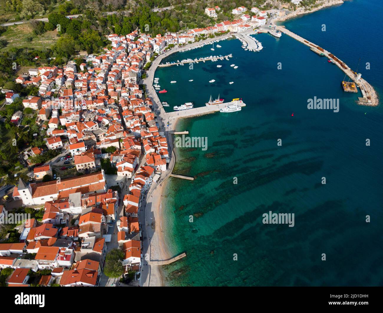 Drone shot, harbour and Baska, island of Krk, Kvarner Gulf Bay, Primorje-Gorski kotar, Croatia ...