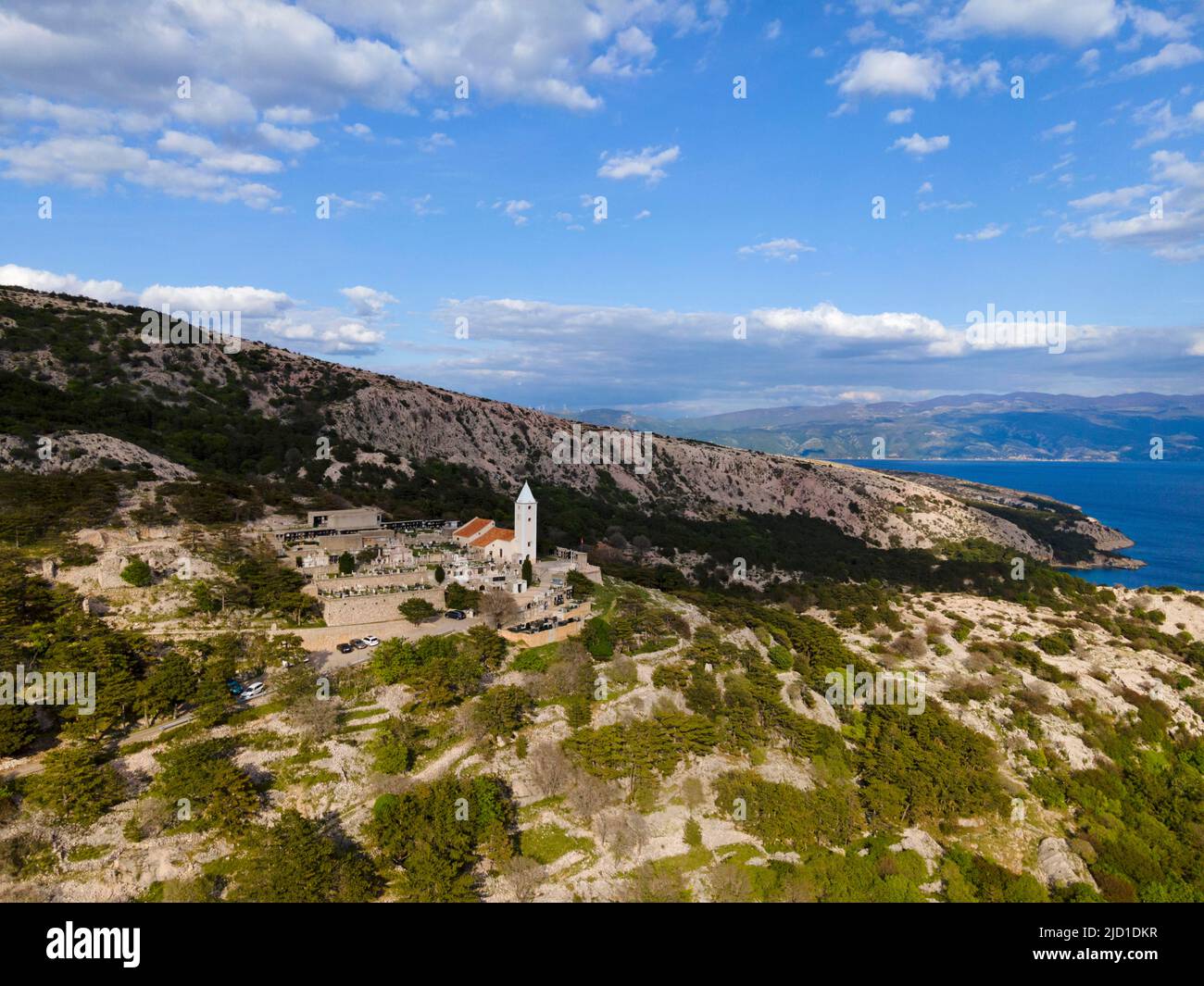 Drone shot, cemetery church Sv Ivan, Baska, Krk Island, Kvarner Gulf ...
