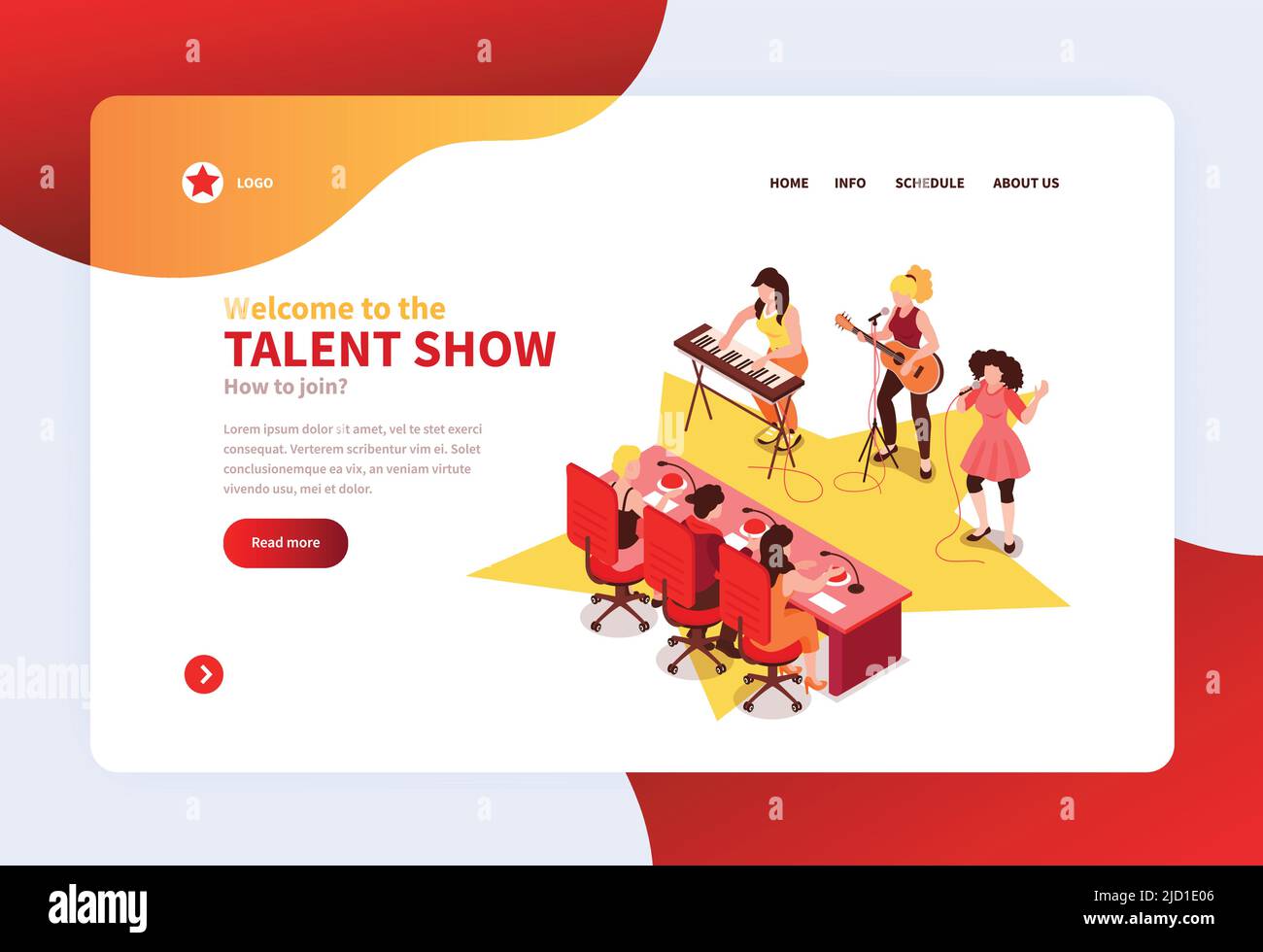 Joint talent show concept isometric horizontal web banner with rock ...