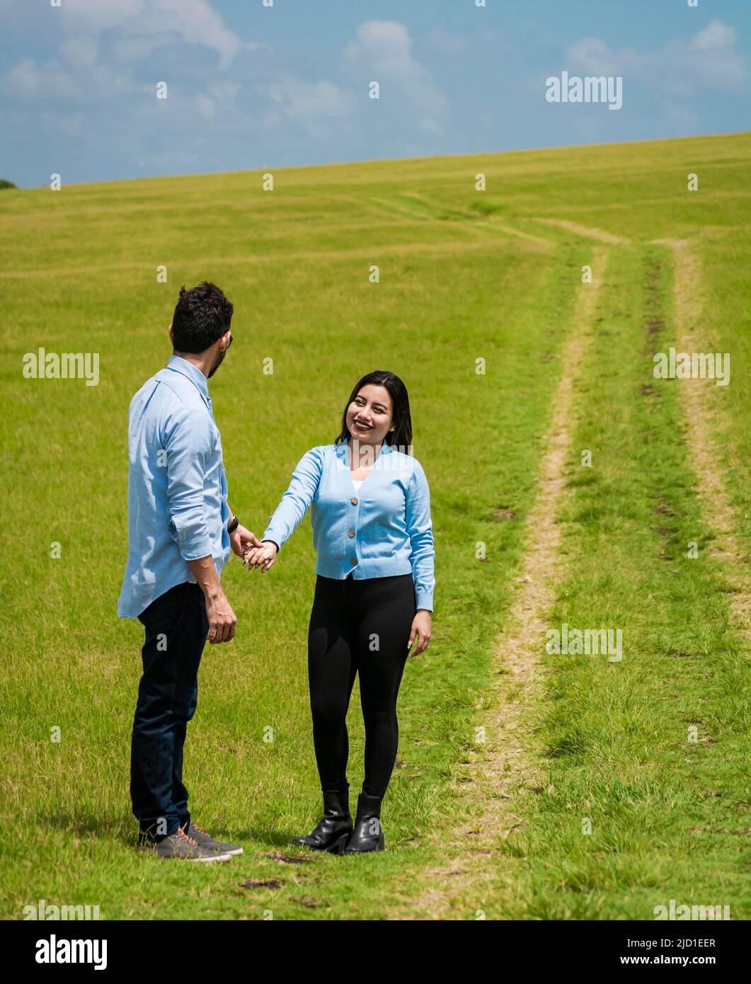 Beautiful couple holding hands looking at each other in the field, two ... Beautiful couple holding hands looking at each other in the field, two ...