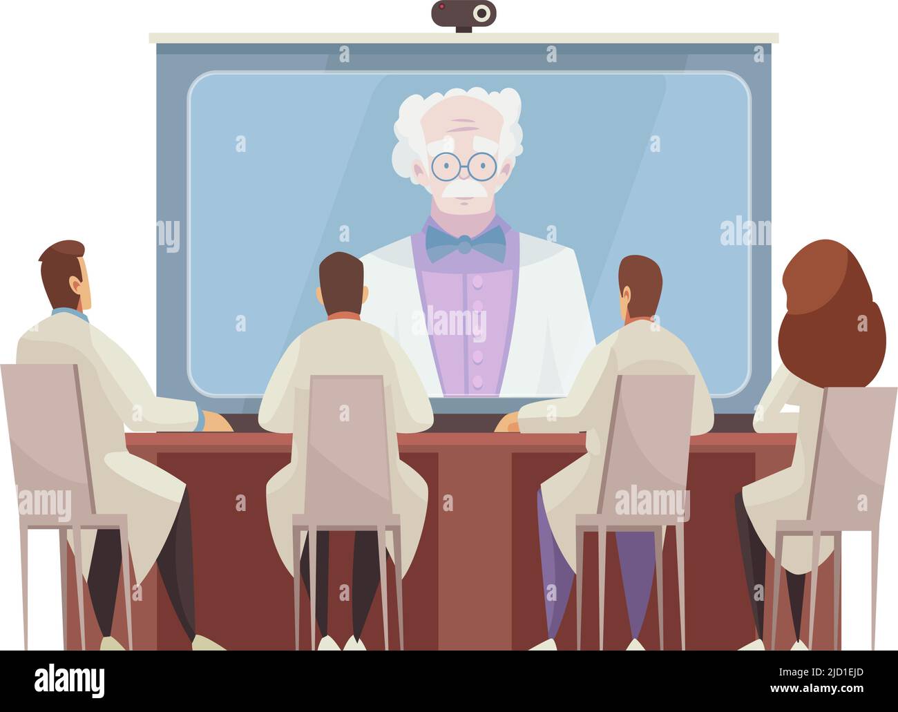 Doctors sitting around table listening to online medical conference ...