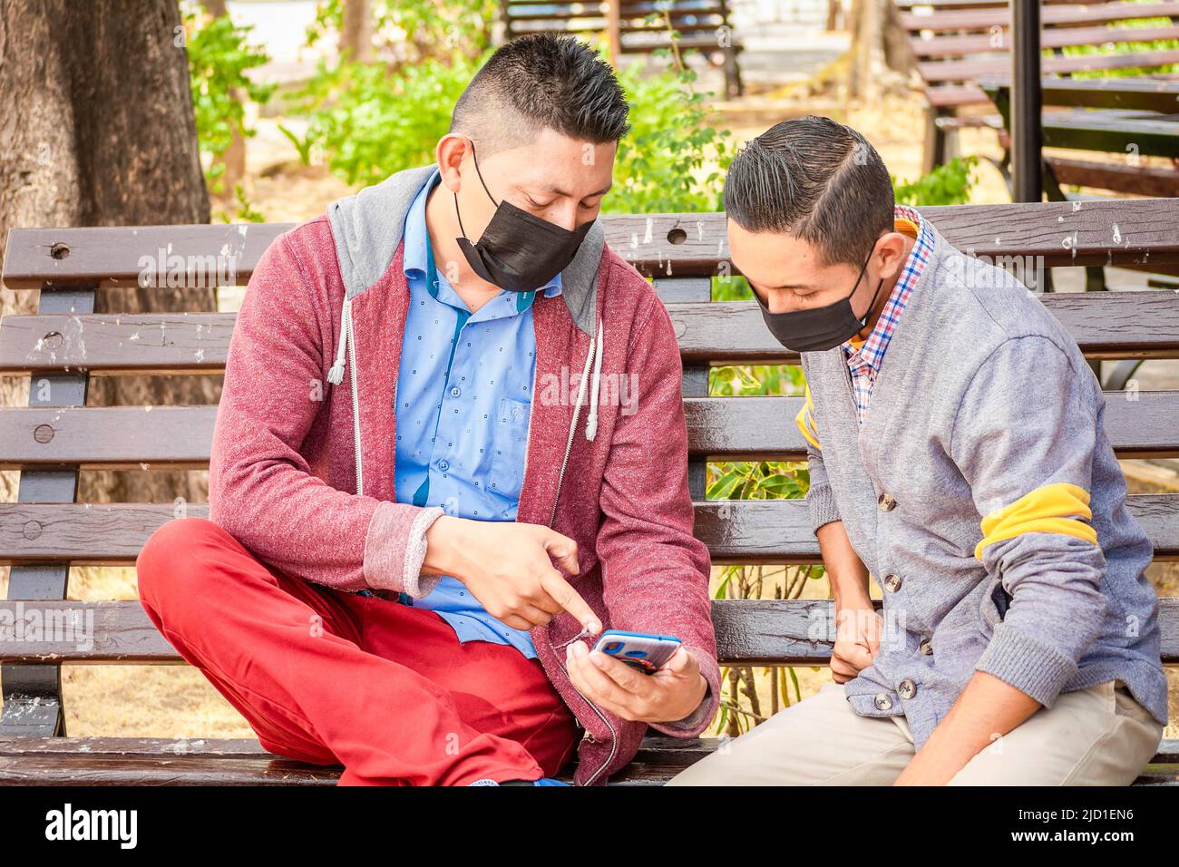 Two men wearing masks checking their cell phones on a bench, a man ...