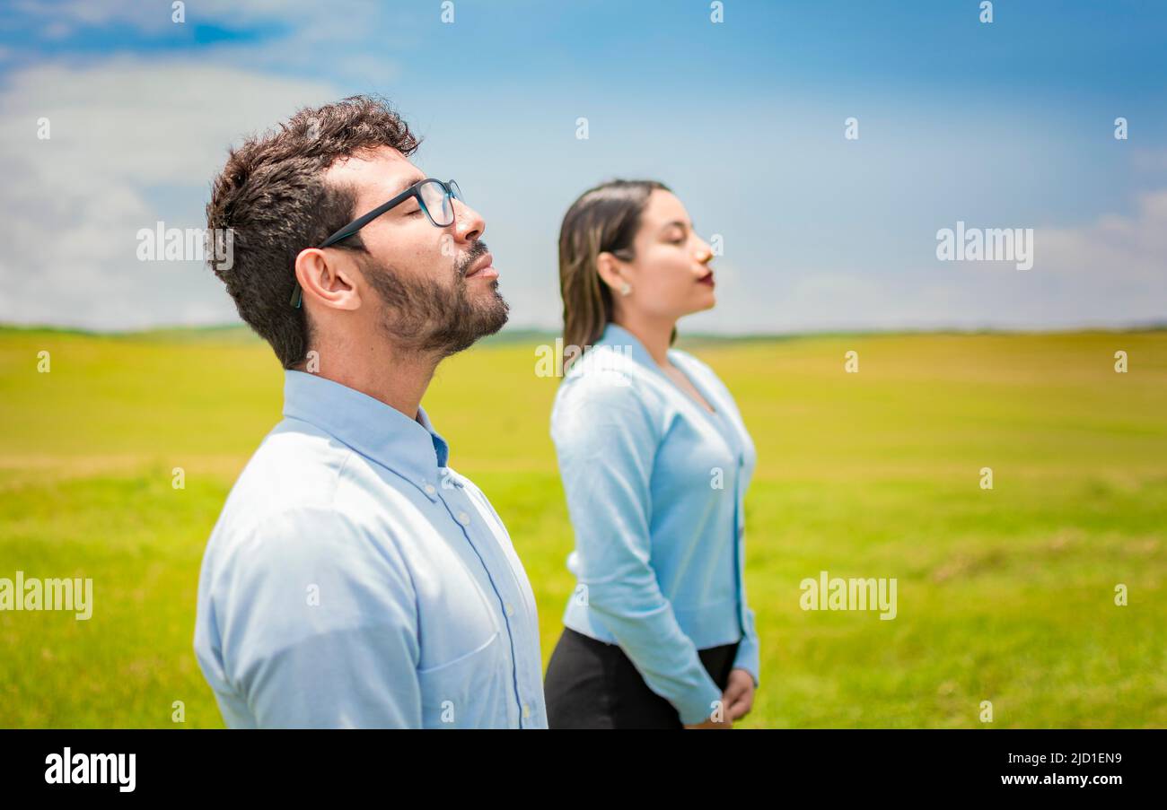 Concept of Young couple breathing fresh air with positive attitude, Two ...