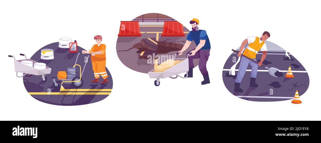 Road repair flat icon set with laying asphalt marking on the new road ...