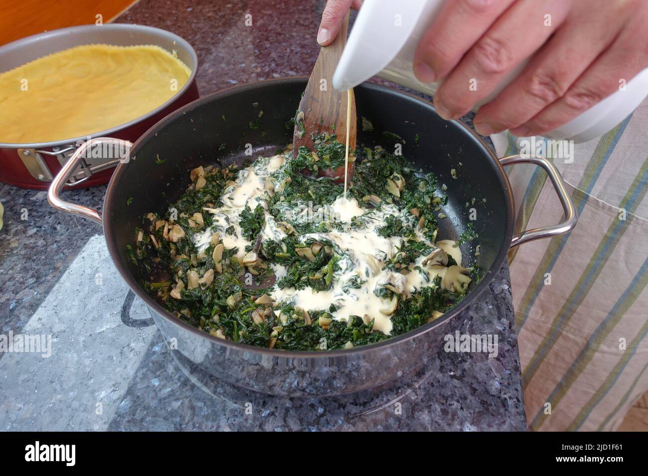 Swabian cuisine, preparing spinach cake with shortcrust pastry base ...