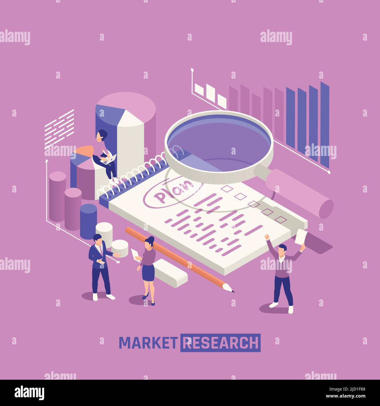 Market research isometric composition with magnifying glass business ...
