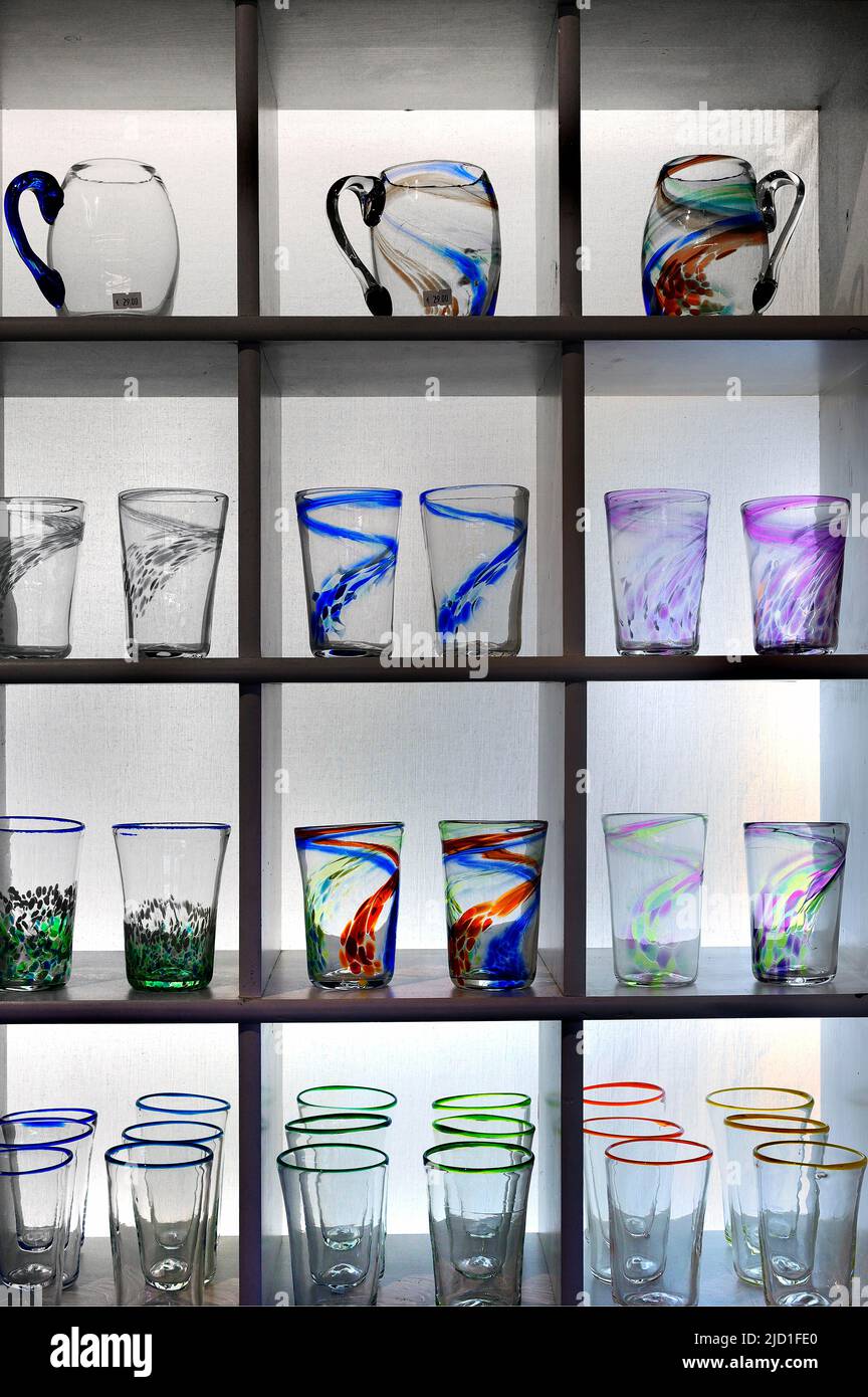 Coloured glasses in the shop, Glashuette Schmidsfelden, Allgaeu ...