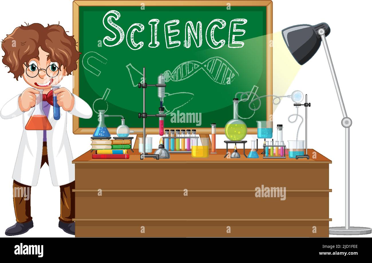 Scientist cartoon character with science lab objects illustration Stock ...