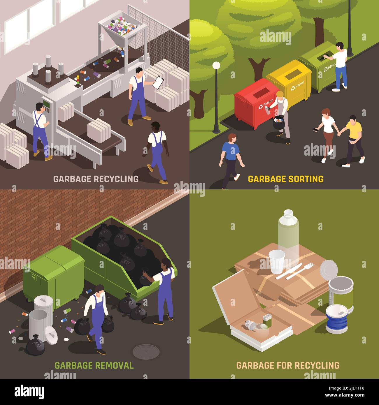 Garbage 2x2 design concept set of sorting removal and recycling square ...