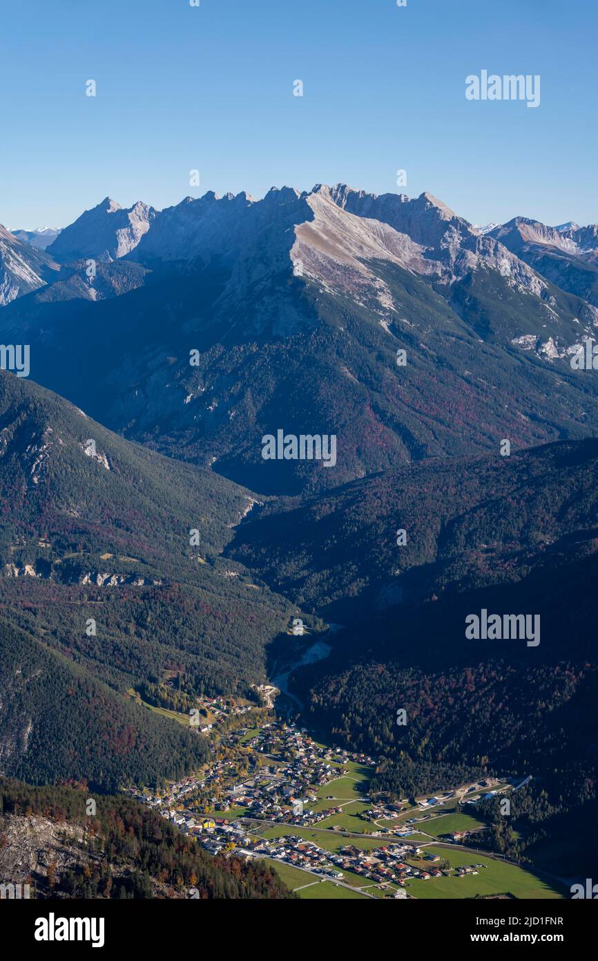 Village view of Scharnitz, behind Nordkette in the Karwendel, Tyrol ...