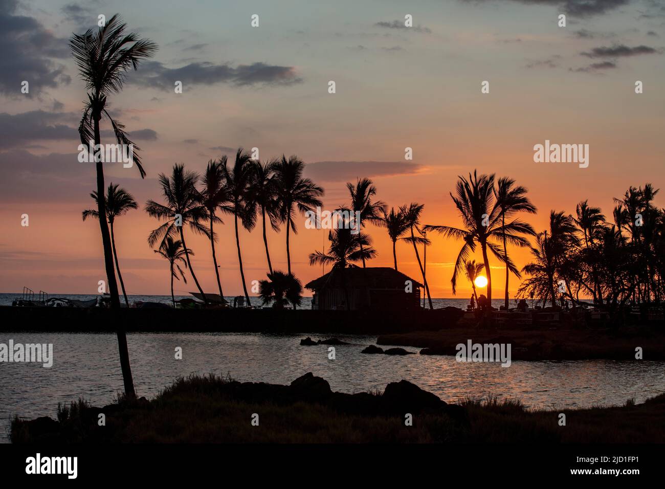 Sunset under palm trees, 'Anaeho'omalu Beach, Waikoloa, Big Island ...