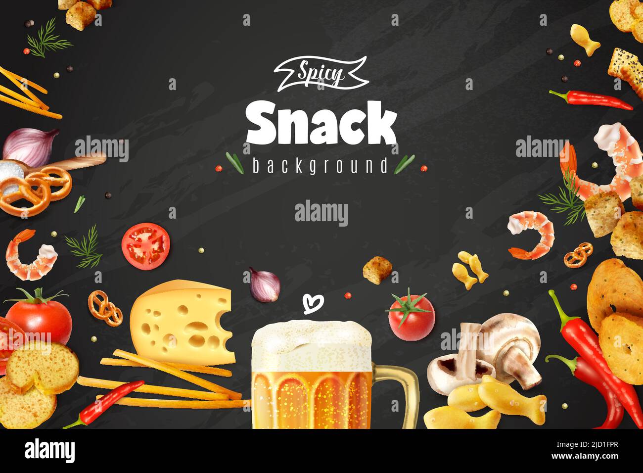 Realistic beer snacks with crackers cheese pretzels tomatoes herbs ...