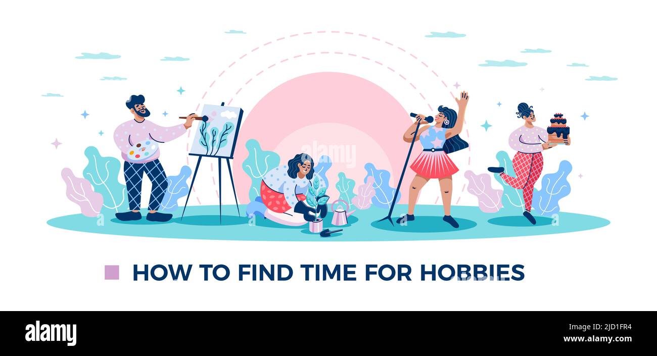 Time for hobbies horizontal flat funny composition with gardening ...