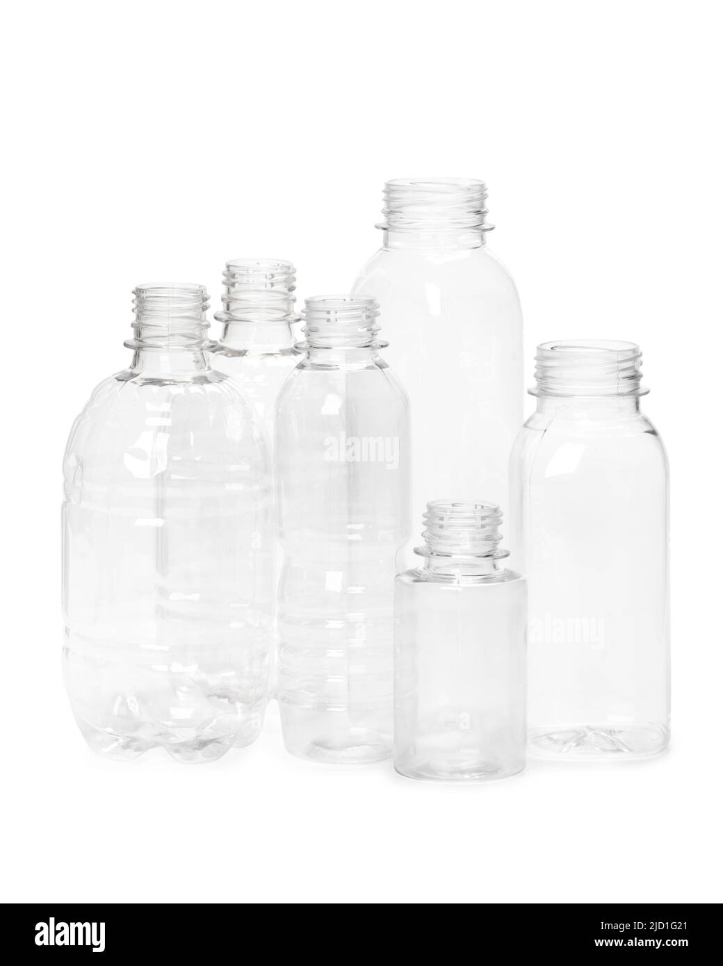 many different empty plastic bottles isolated on white background ...