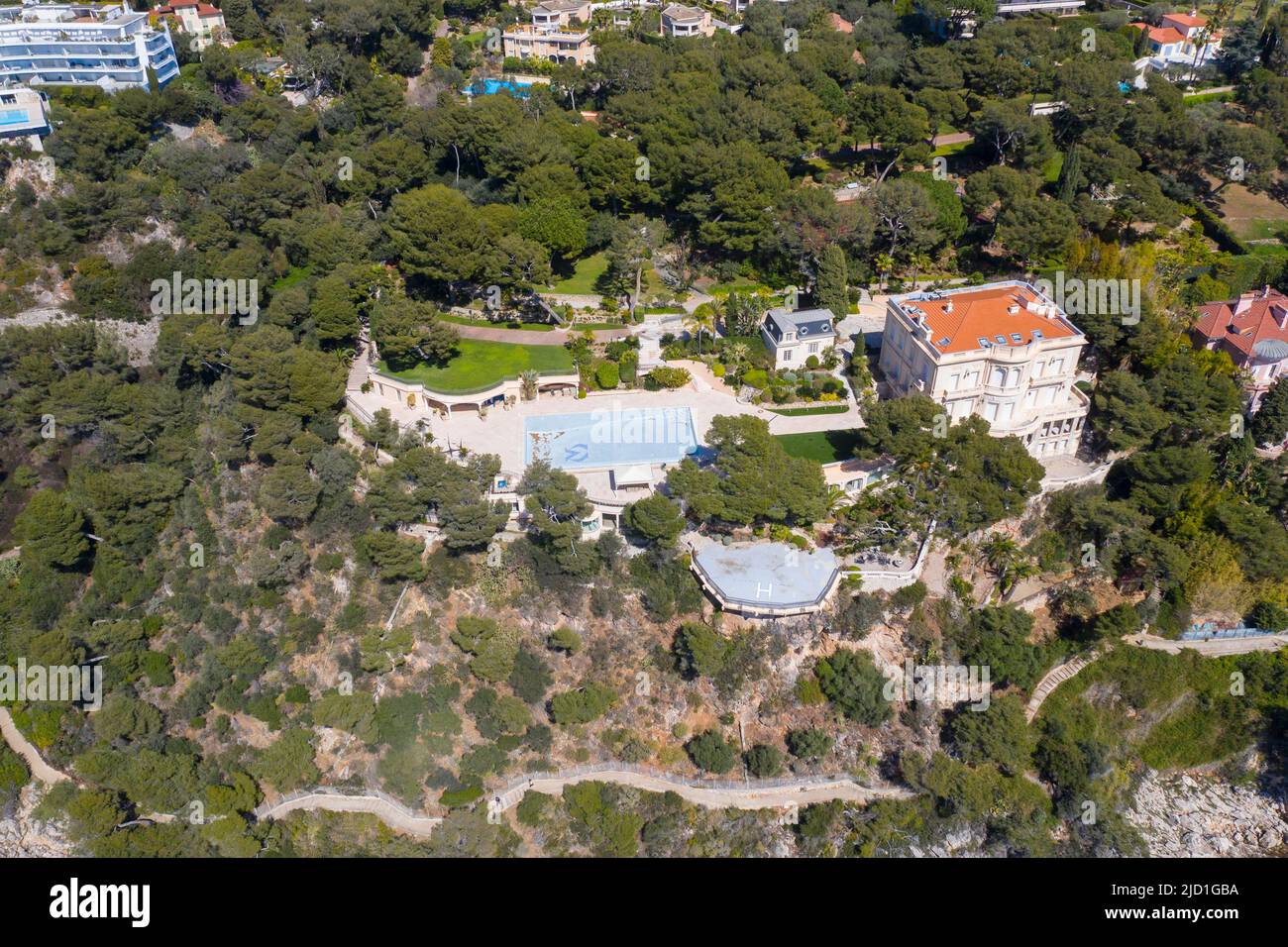 Aerial view of the Villa Del Mare estate at Cap Martin with pool and ...