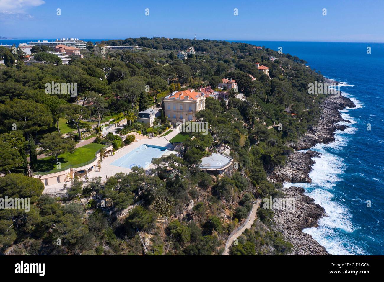 Aerial view of the Villa Del Mare estate at Cap Martin with pool and ...
