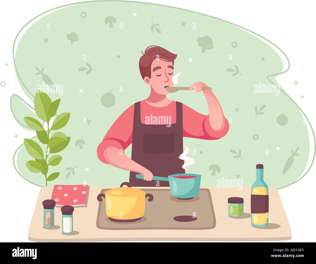 Hobbies background cartoon composition with man tasting soup when ...