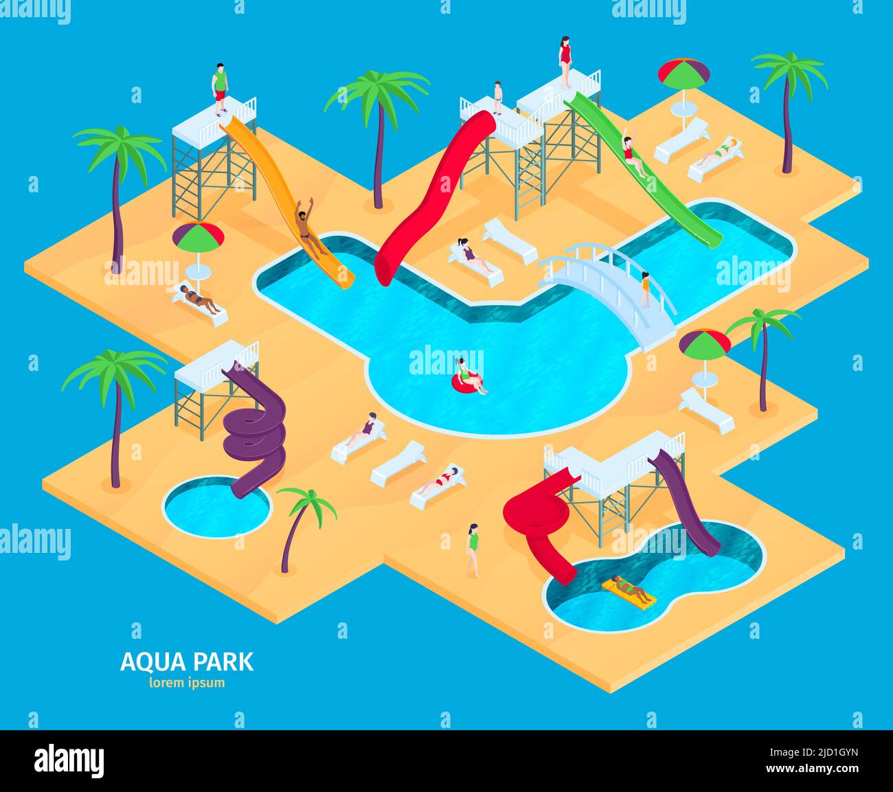 Aqua park attractions surrounded by water background isometric composition with various slides ...