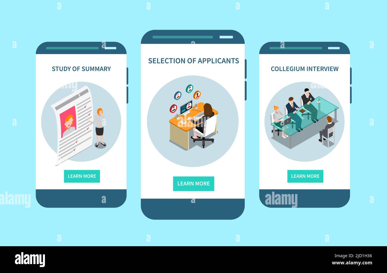 Best recruitment apps 3 isometric mobile screen designs with applicants ...