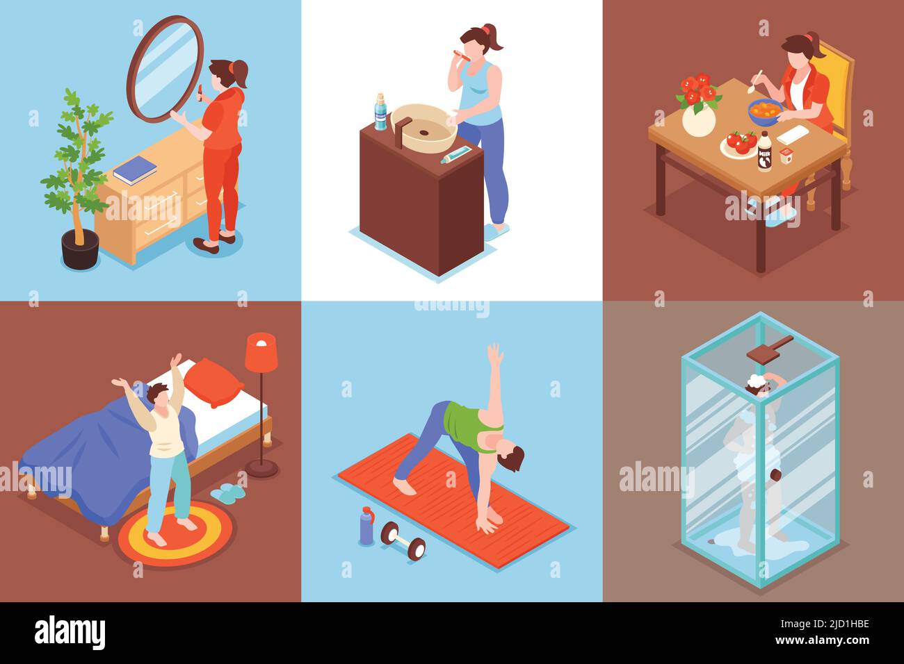 Morning routine isometric square set with shower and breakfast symbols ...