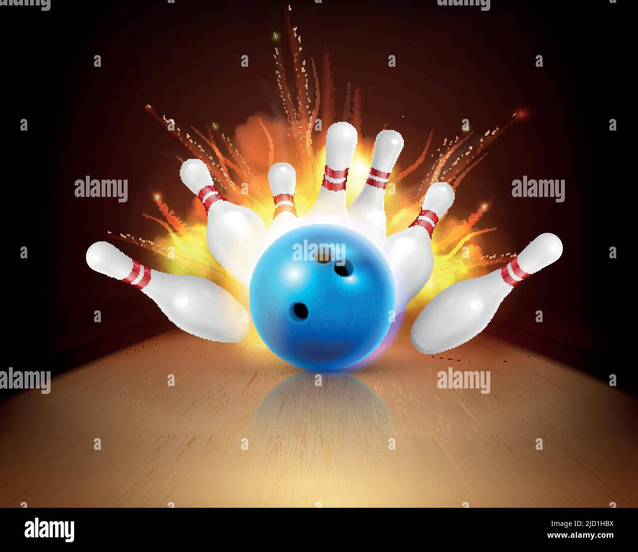 Bowling realistic fire composition with view of lane with ball and pins ...
