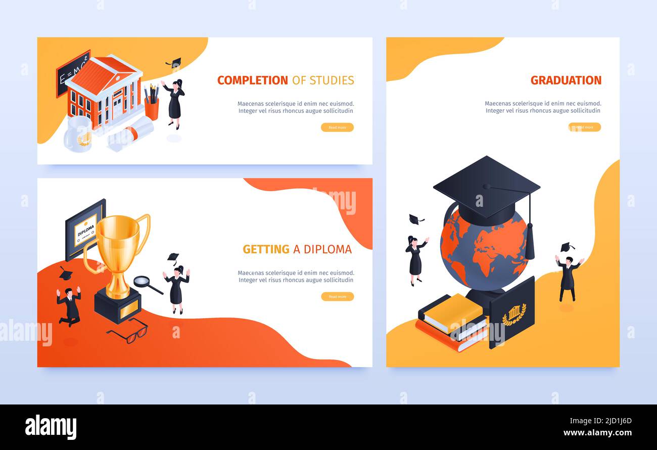 Isometric graduation diploma horizontal banners set with text clickable ...