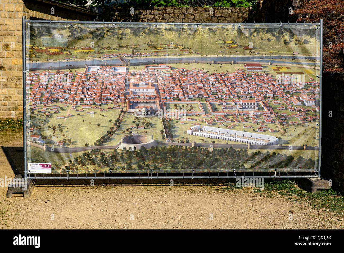 Display panel in historical Roman amphitheatre with overview of Roman ...