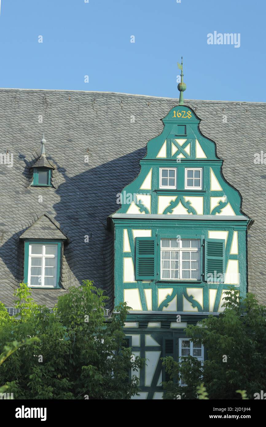 Tail gable with year of the half-timbered house Hotel and Restaurant ...