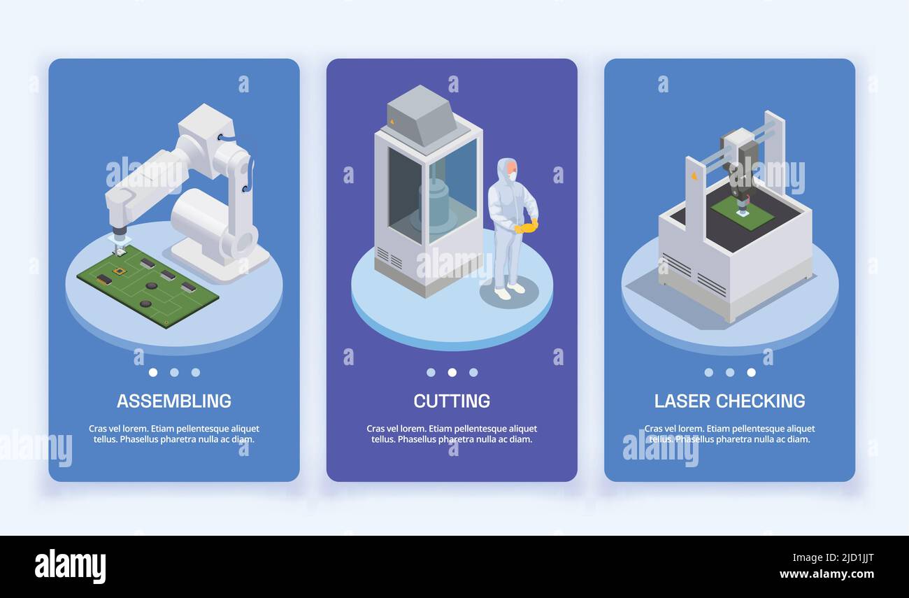 Semiconductor chip production isometric set of three vertical banners ...