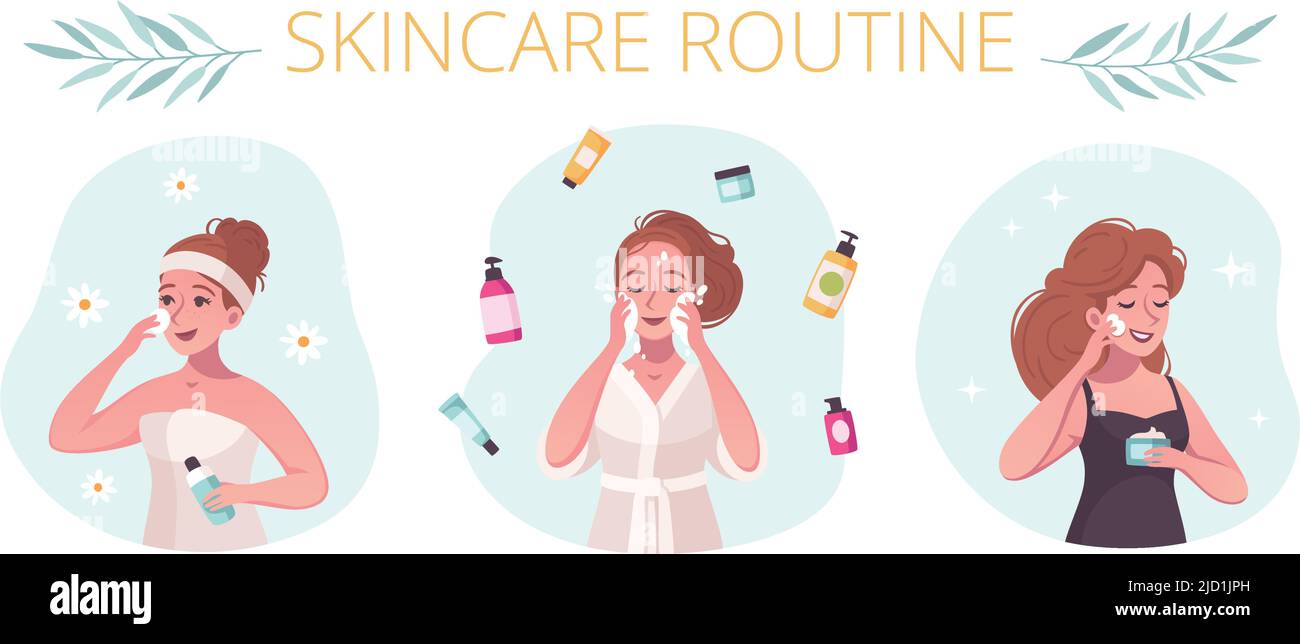 Skincare routine 3 cartoon compositions with woman using facial ...