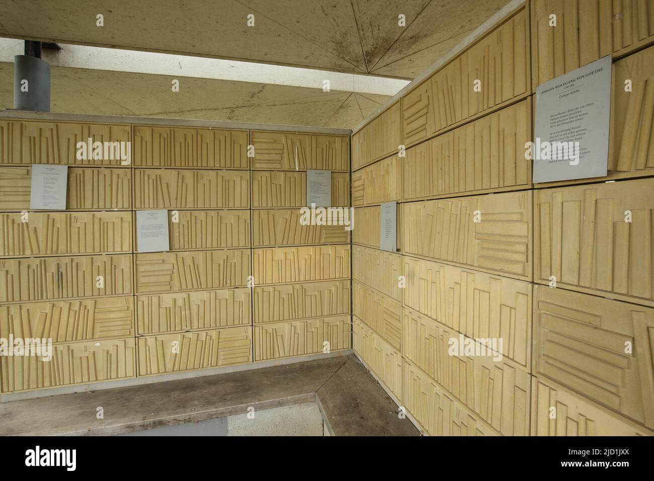 Artwork (Ginkgo biloba) House of the poet with bookshelves and poem by ...