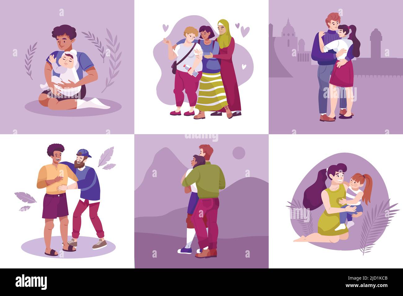 Flat hug icon set with couple father and child mother and child and ...