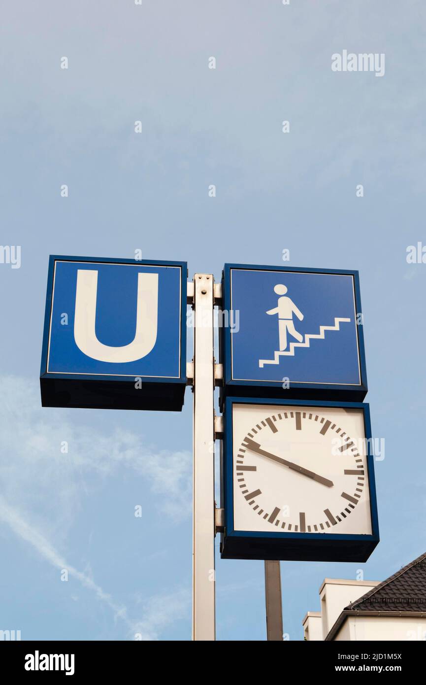 Underground sign, clock and staircase notice, Munich, Bavaria, Germany ...