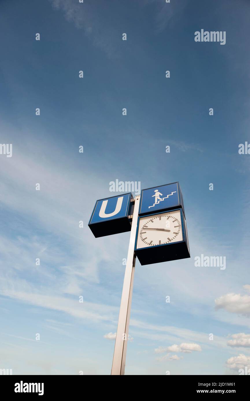 Signage for underground, stairs, clock, Munich, Bavaria Stock Photo - Alamy