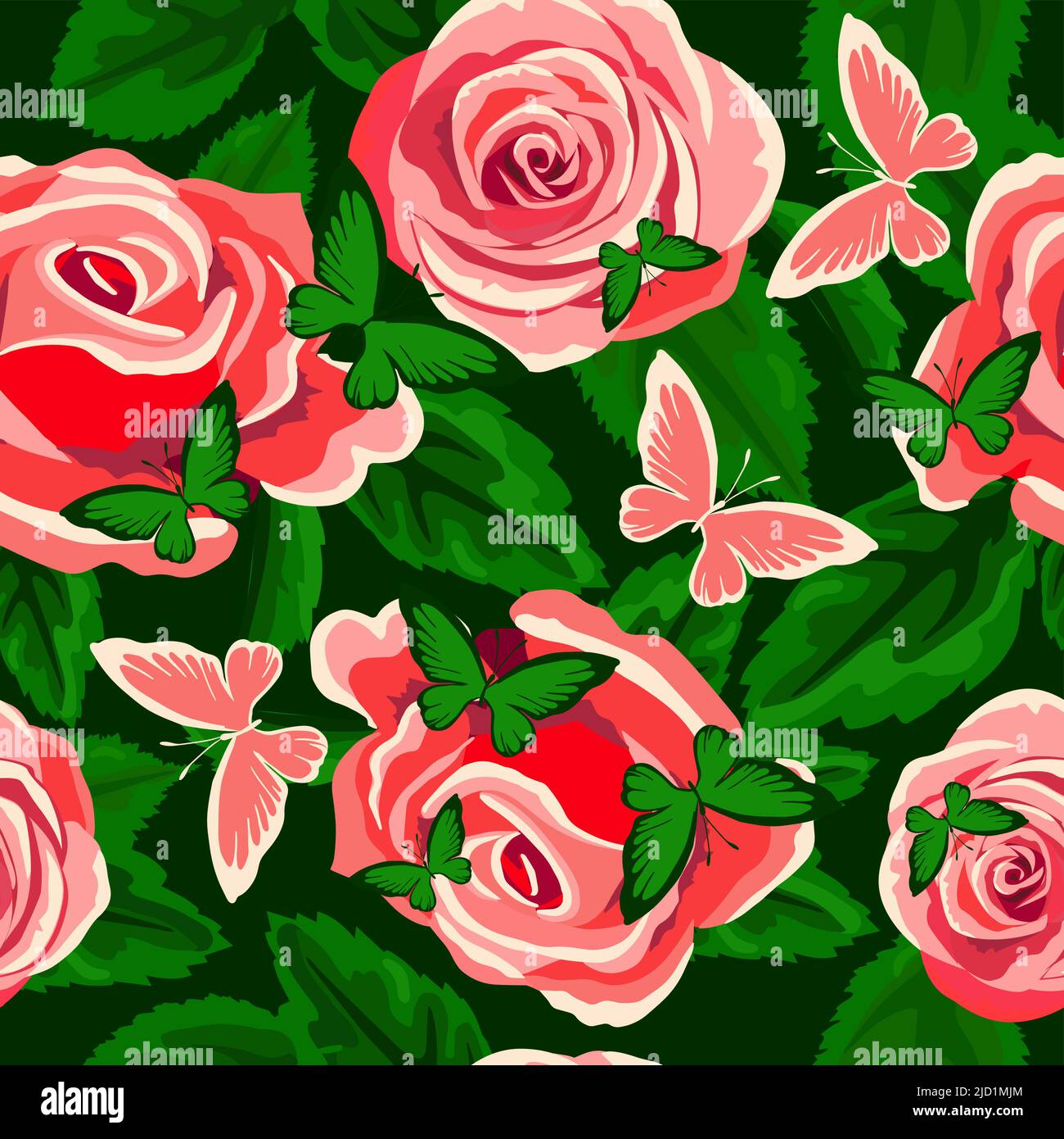 Pink roses with green butterflies seamless pattern. Vector illustration ...