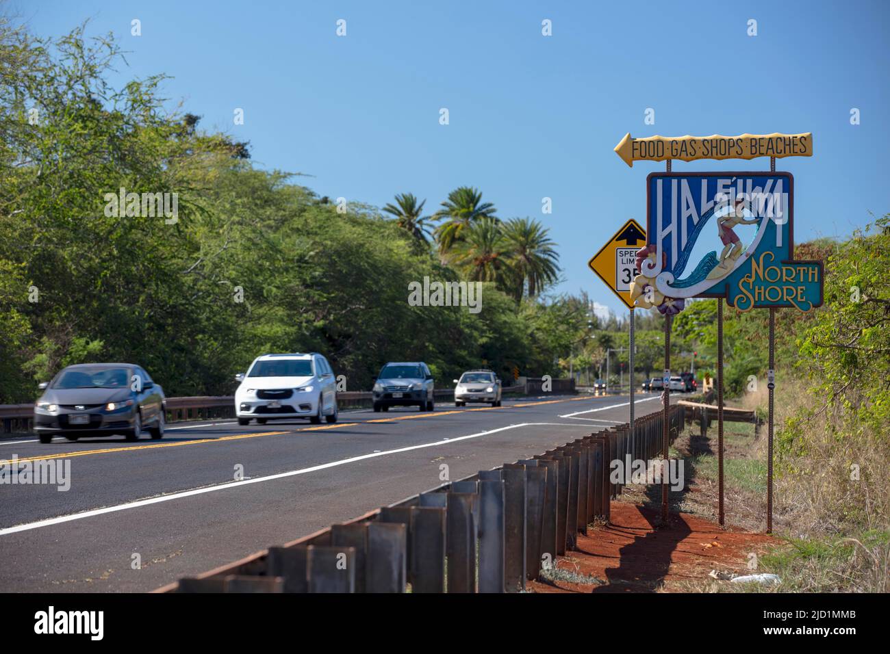 Artful street sign, notice of historic place, Hale'iwa, North Shore ...