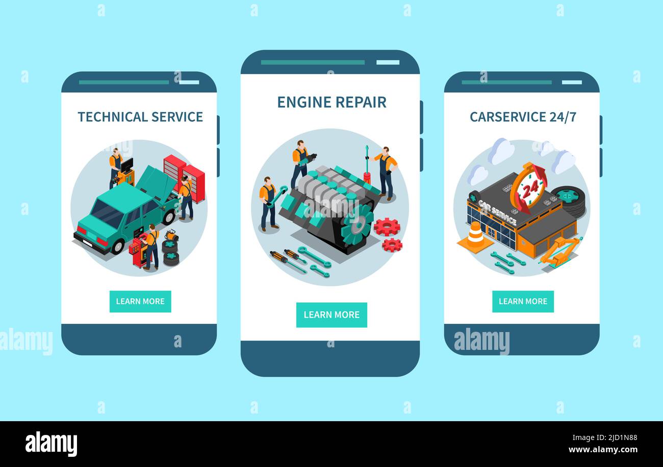 Car technical service app 3 mobile screen isometric designs with engine ...
