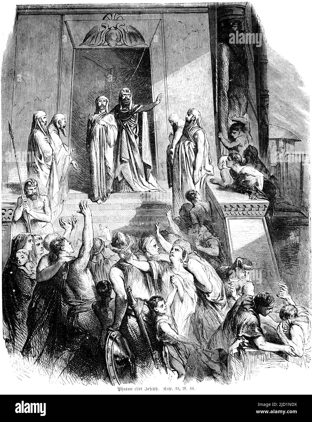 Pharaoh honours Joseph, honour, many people, ruler, building, steps ...