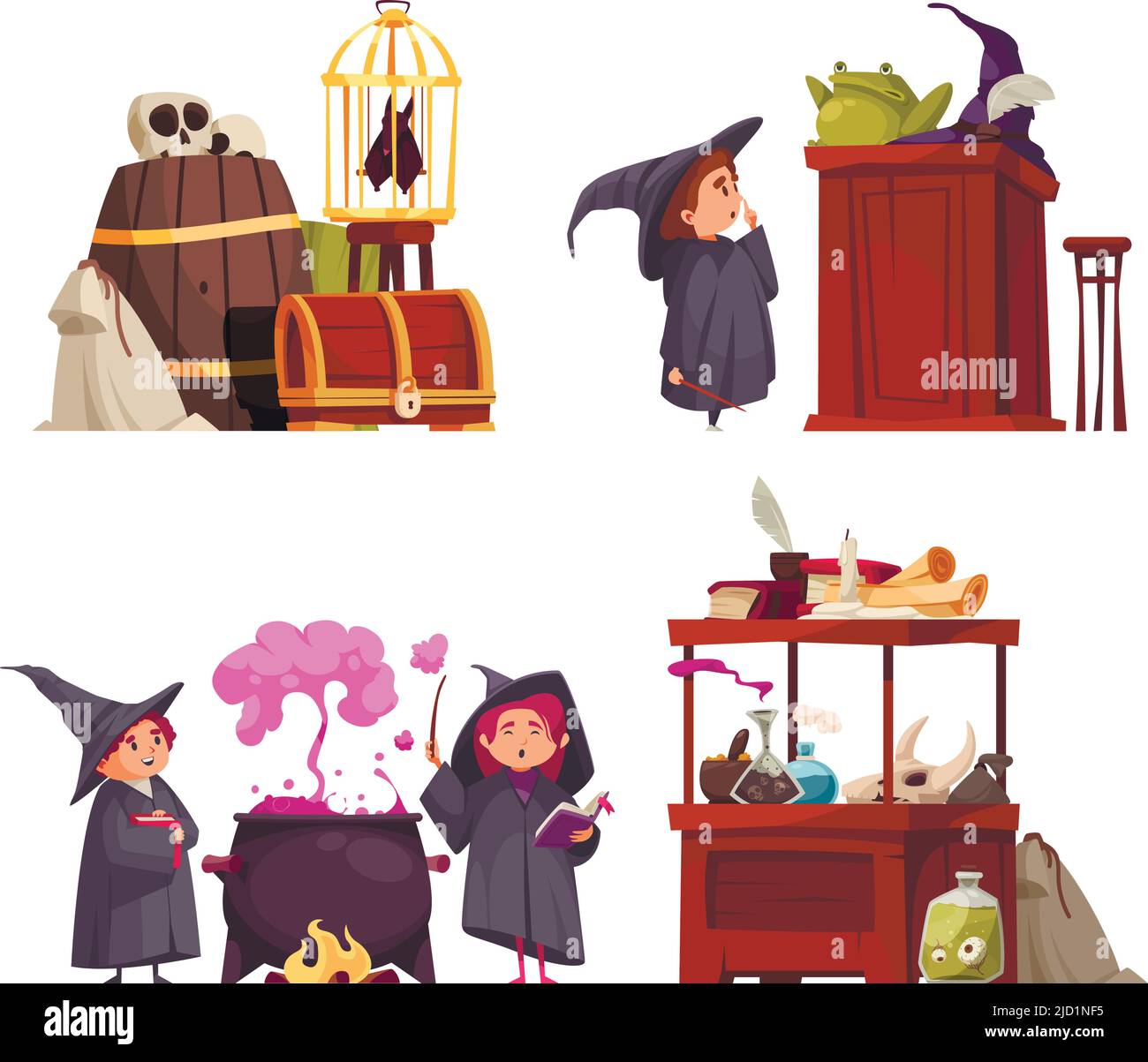 Set of four isolated magic school compositions with doodle characters ...