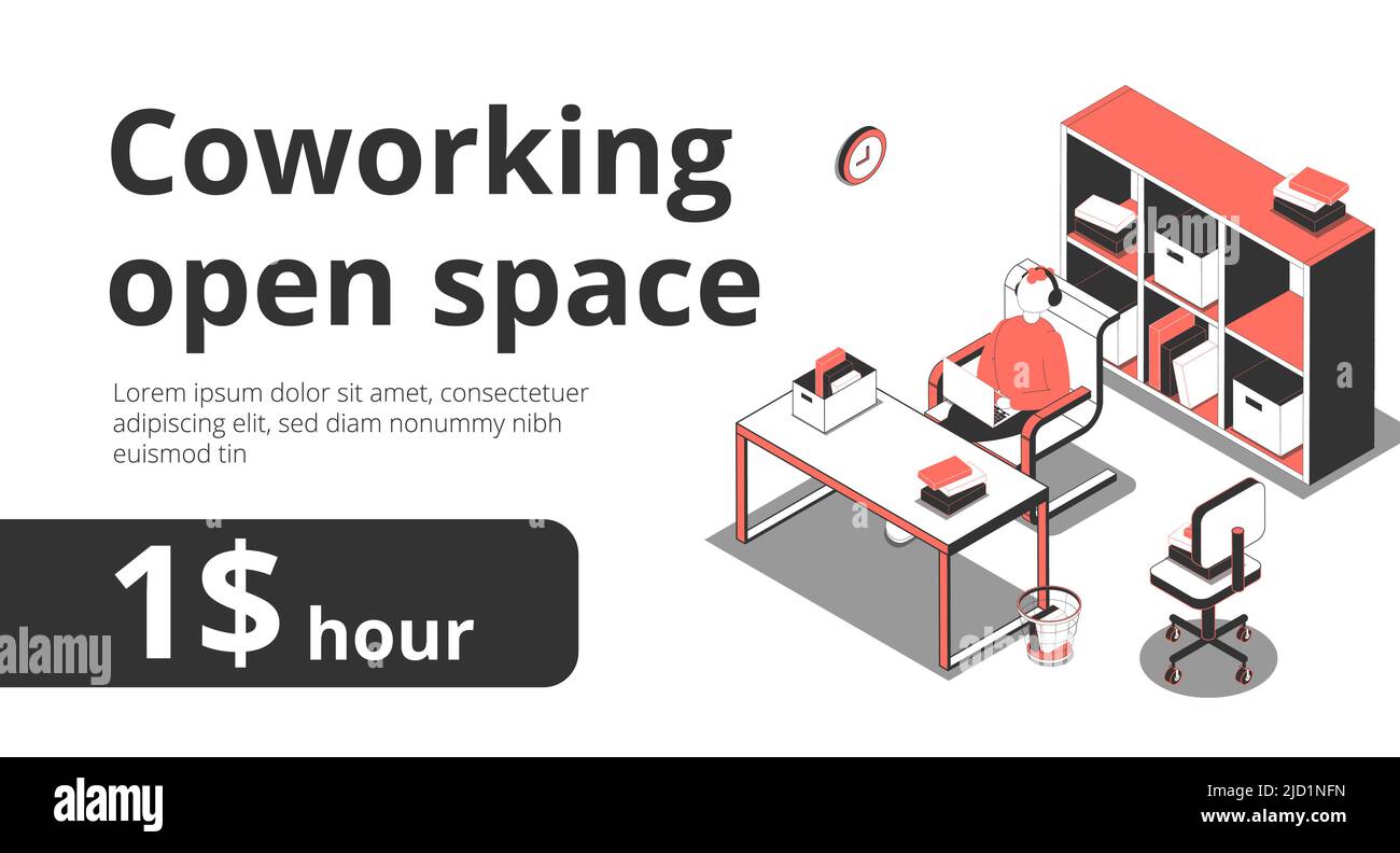 Coworking open space banner background with editable text and isometric ...