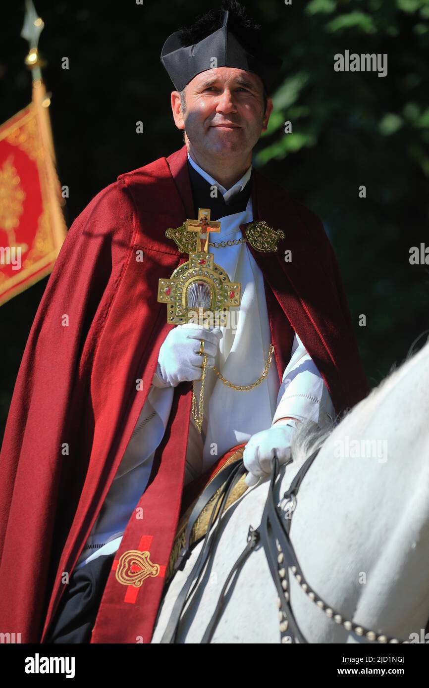 Blood ride, equestrian procession, horses, priest carries Holy Blood ...