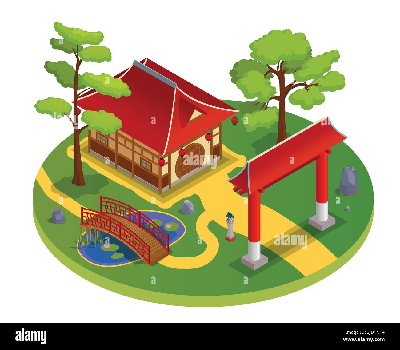Asian house isometric concept with bridge arch and river vector ...