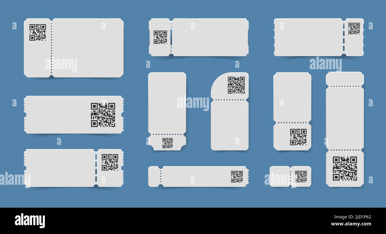 Set of isolated realistic empty ticket mockup coupons with qr codes ...