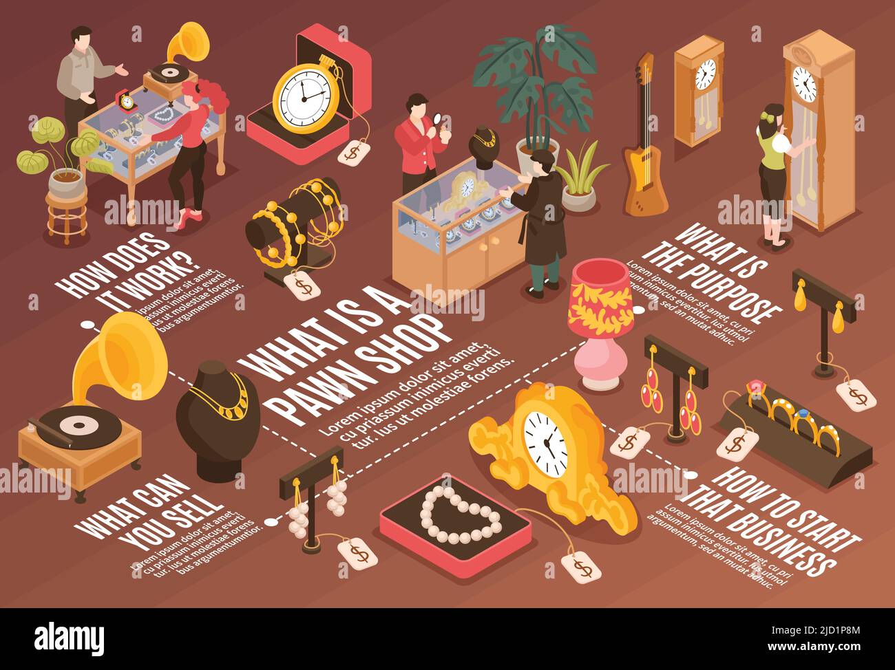 Pawn shop horizontal infographics vector illustration with information ...